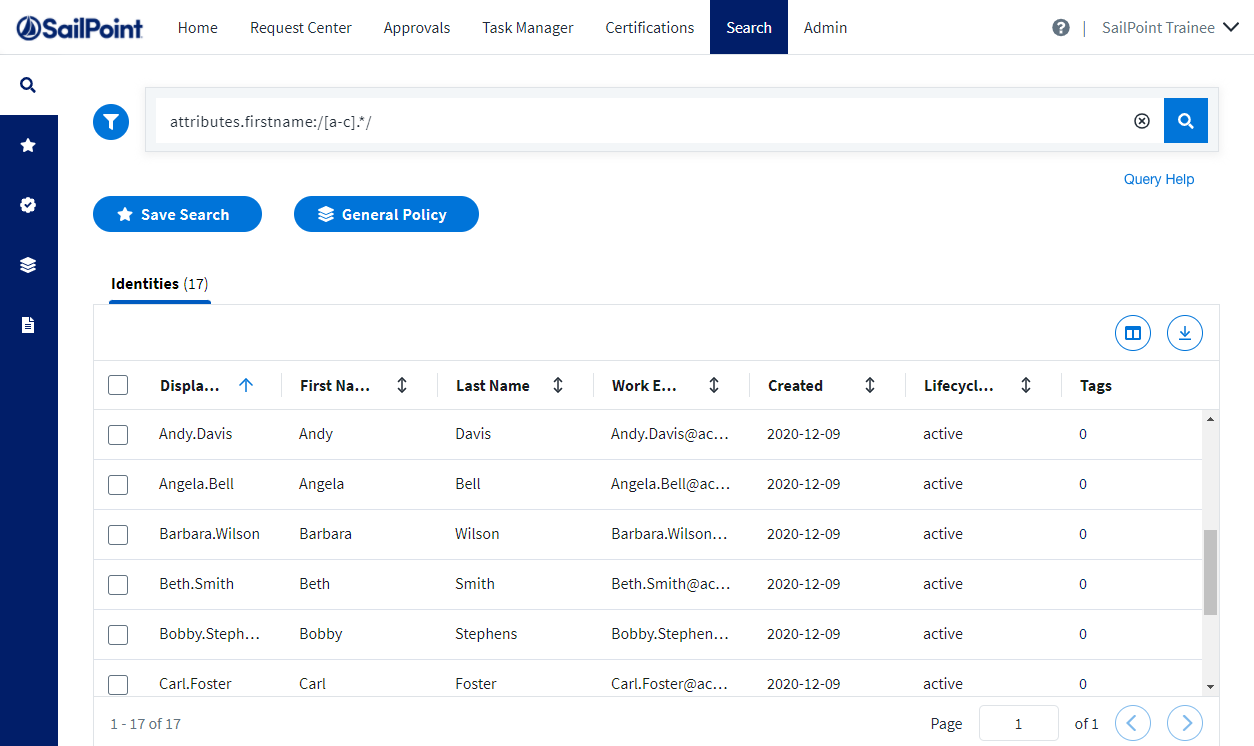 How to use regex with Search in IdentityNow - Compass